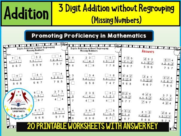 3-Digit Addition without Regrouping Missing Numbers Worksheets ...