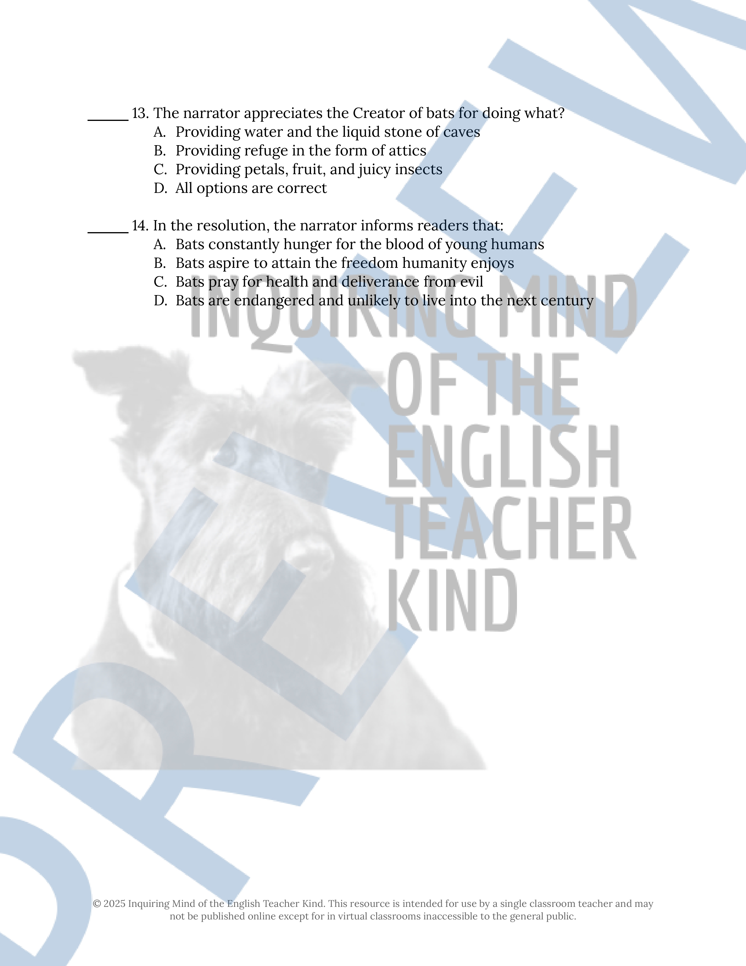 "My Life as a Bat" by Margaret Atwood Quiz and Answer Key | Short Story Assessment | Teaching ...