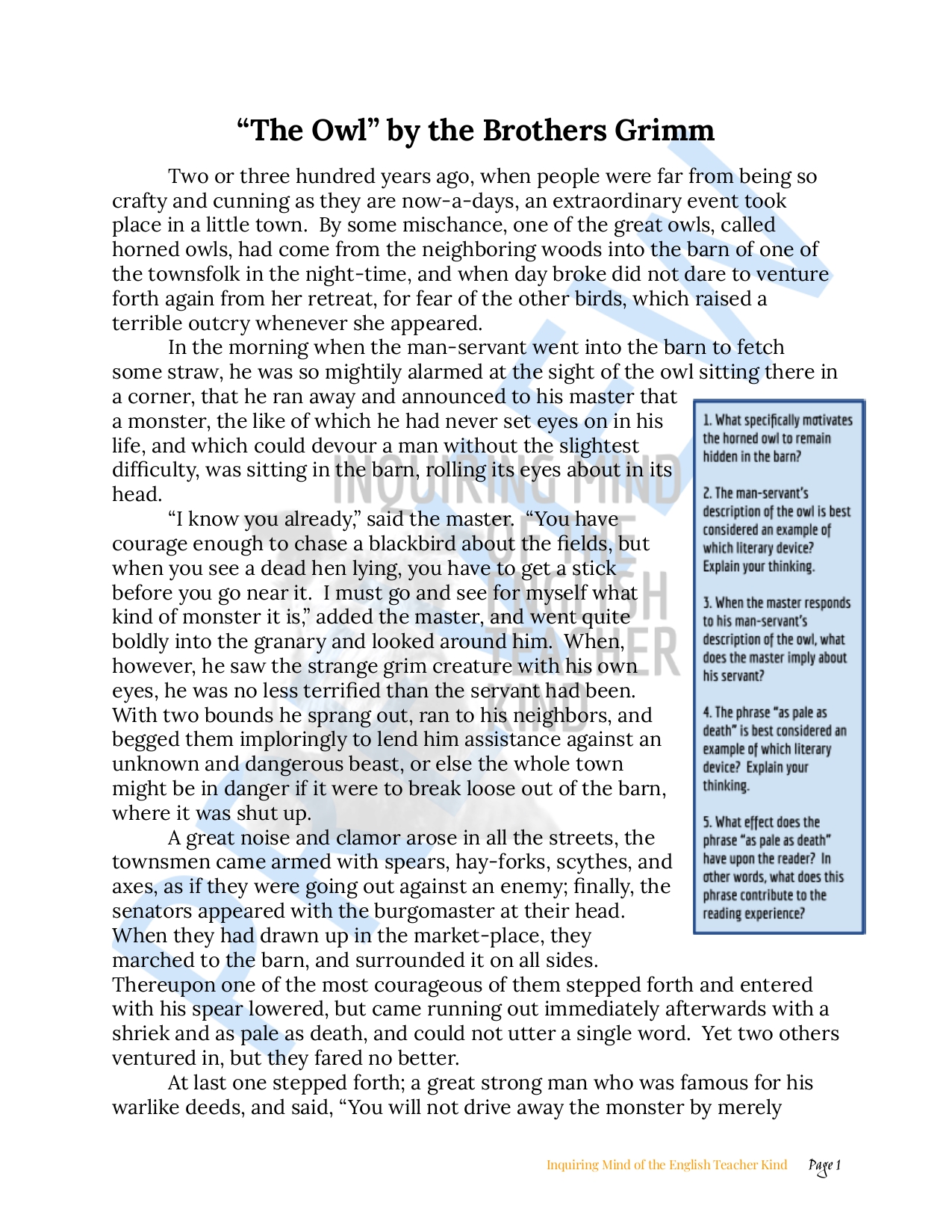 "The Owl" by the Brothers Grimm Close Reading Analysis Worksheet ...