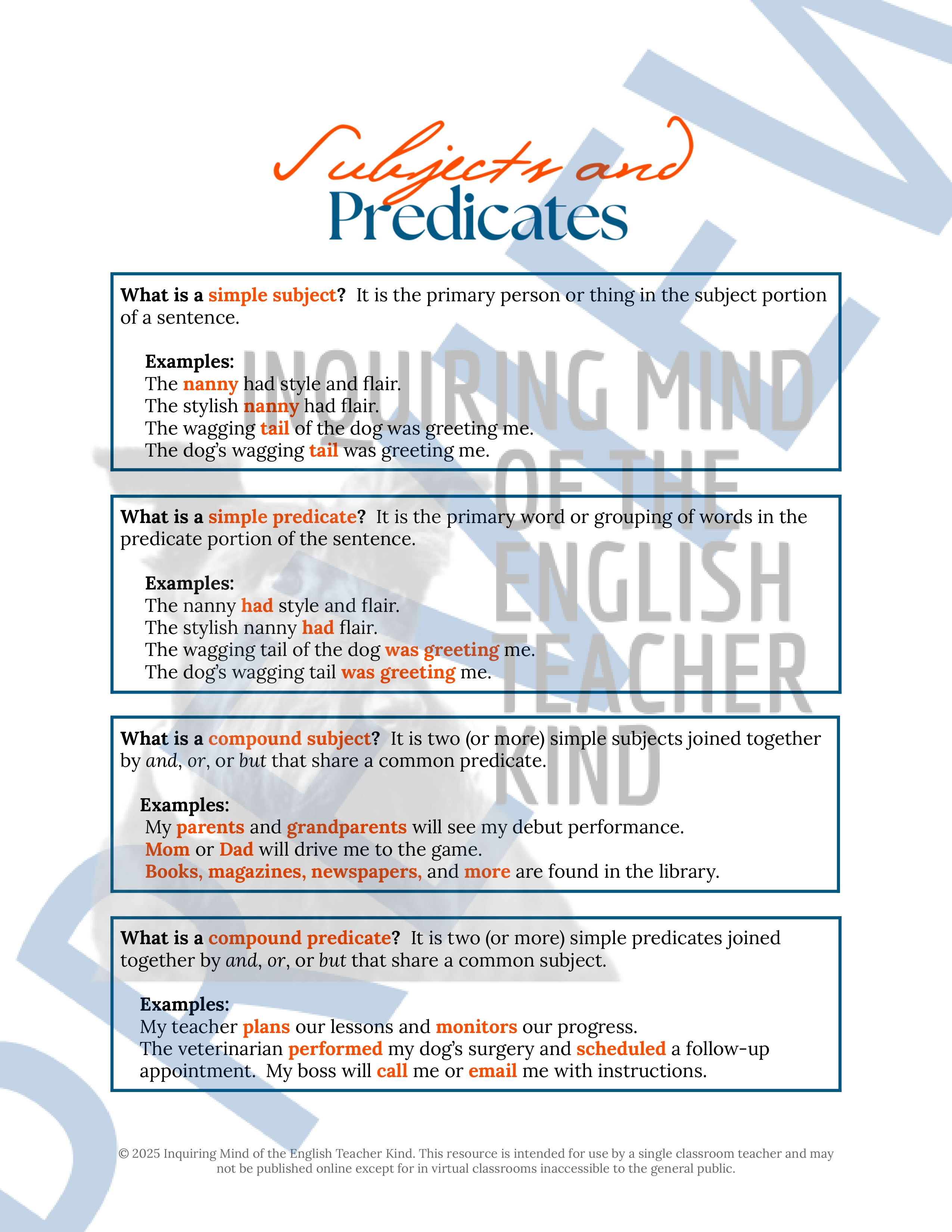 Grammar Review Worksheet on Subjects and Predicates with Answer Key ...