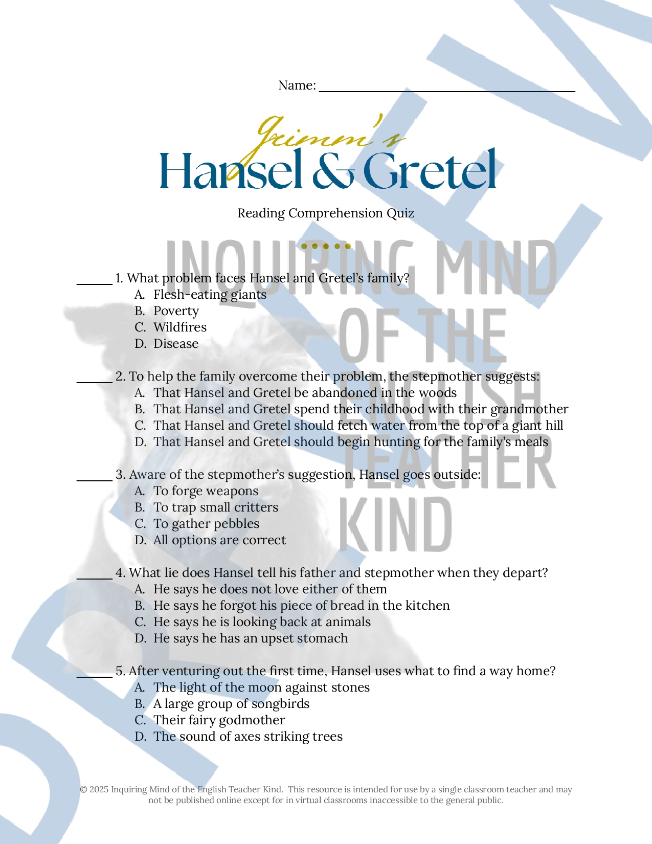 “Hansel and Gretel” Quiz and Answer Key (Grimm's Fairy Tale) | Teaching ...