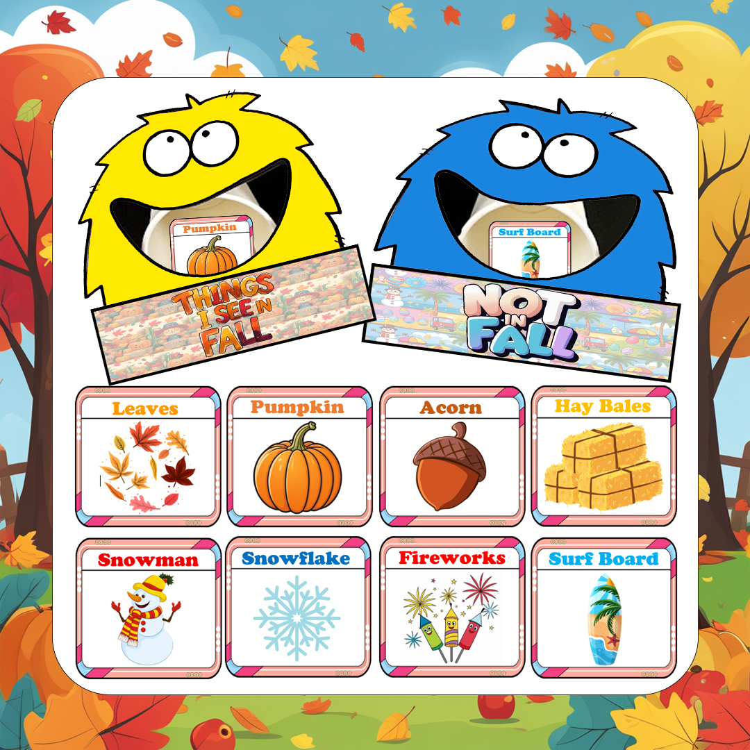 Autumn / Fall Feed the Monster Sorting Game Comparison Activity for ...
