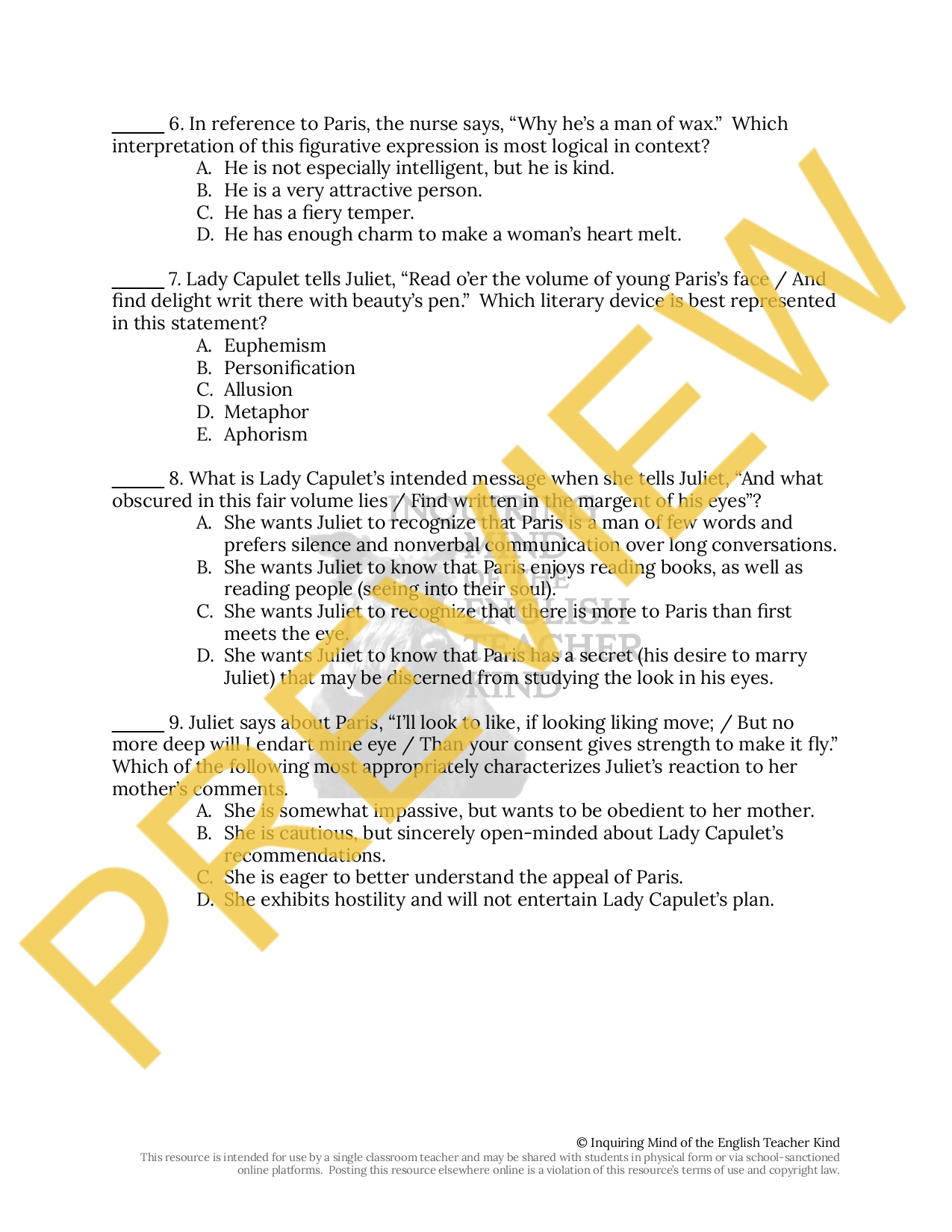 Romeo and Juliet Act 1 Scene 3 Close Reading Worksheet | Teaching Resources