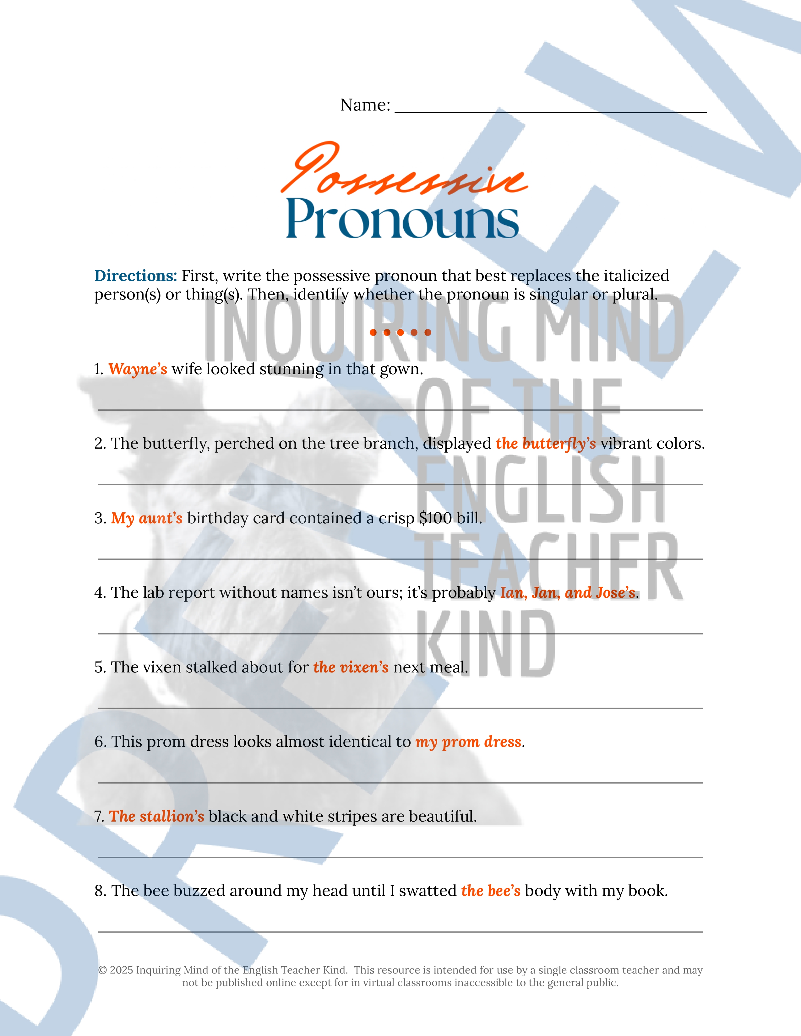 Grammar Review Practice Worksheet on Possessive Pronouns | Teaching ...