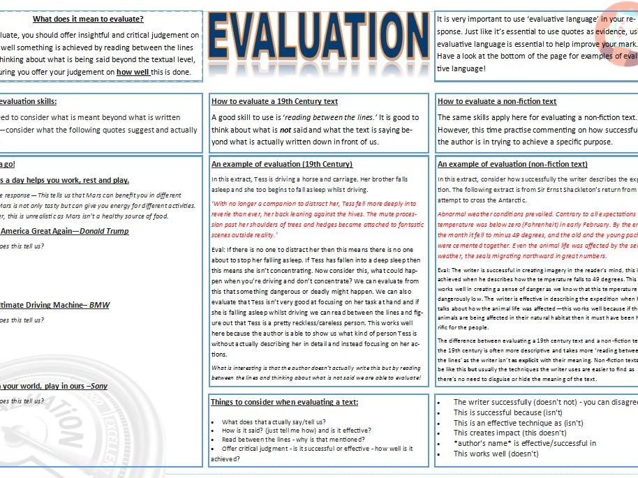 Evaluation Worksheet GCSE English Teaching Resources