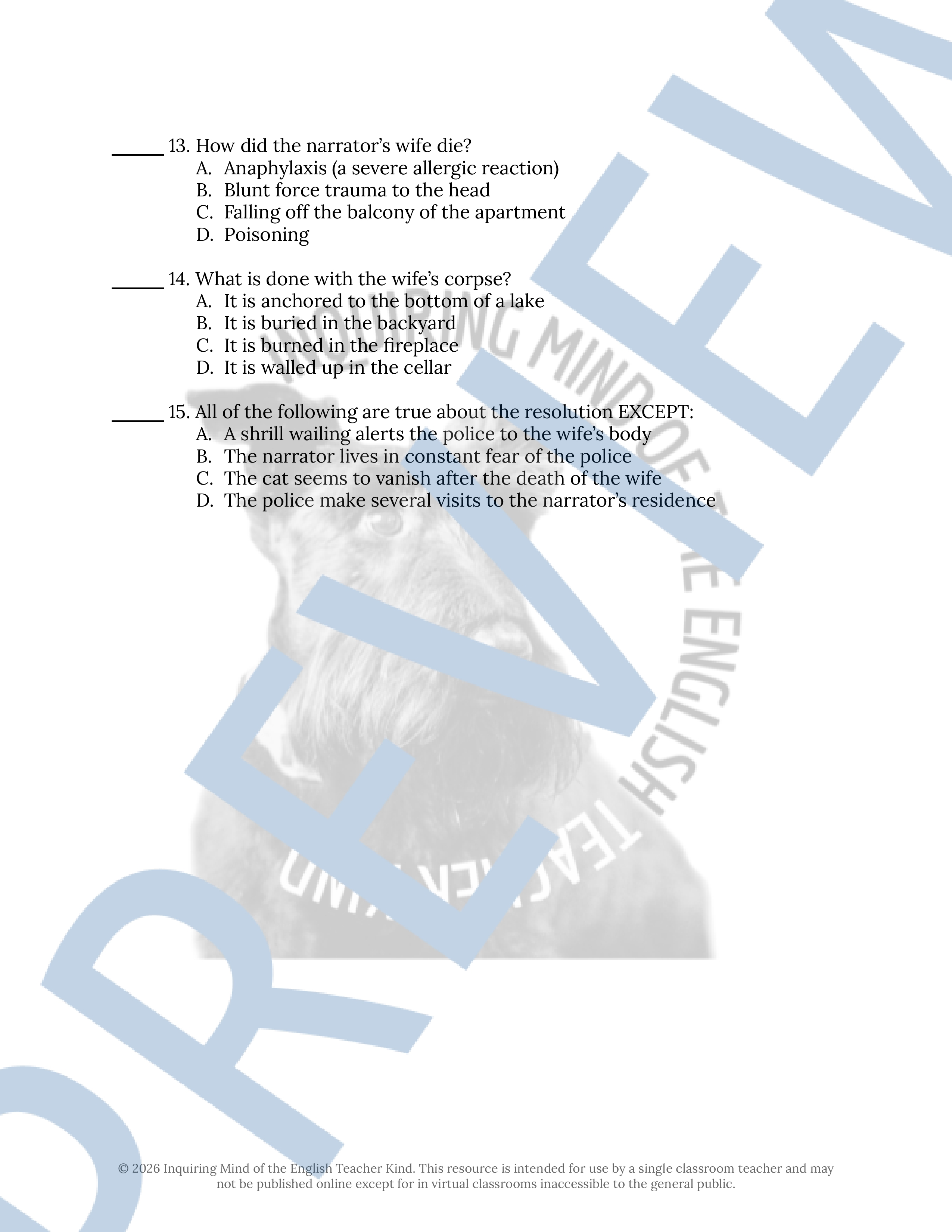 “The Black Cat” by Edgar Allan Poe Quiz and Answer Key | Teaching Resources
