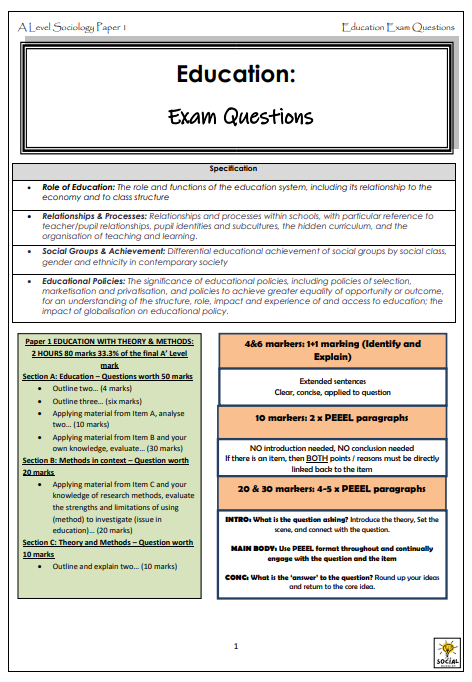 AQA A level Sociology - Education - The Role of Education - Complete ...