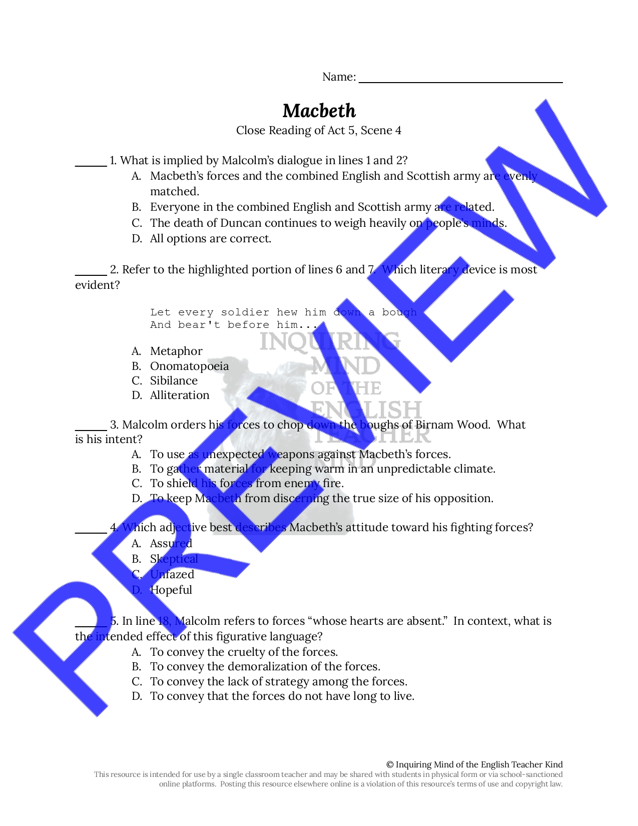 Macbeth Act 5 Scene 4 Close Reading Worksheet | Teaching Resources