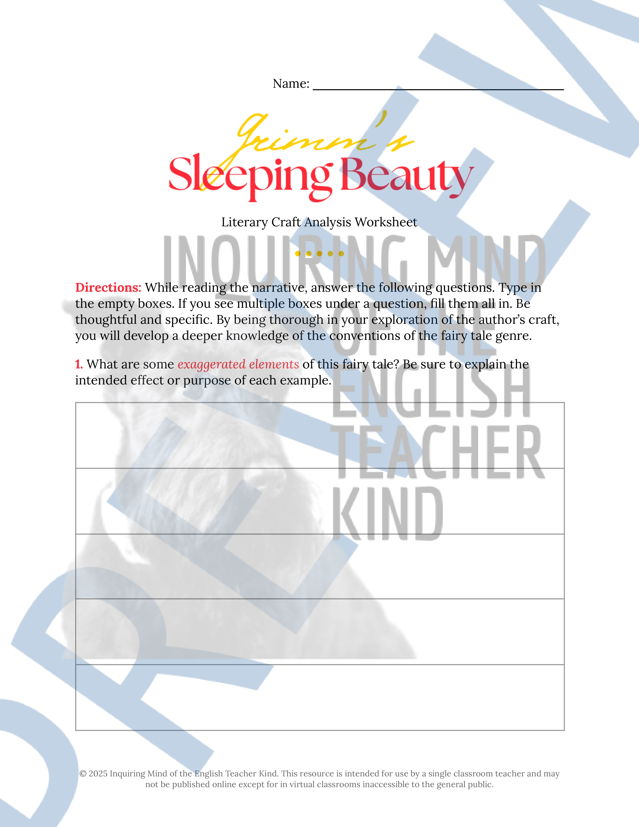"Sleeping Beauty" Literary Craft Worksheet (Grimm's Fairy Tale | Short ...