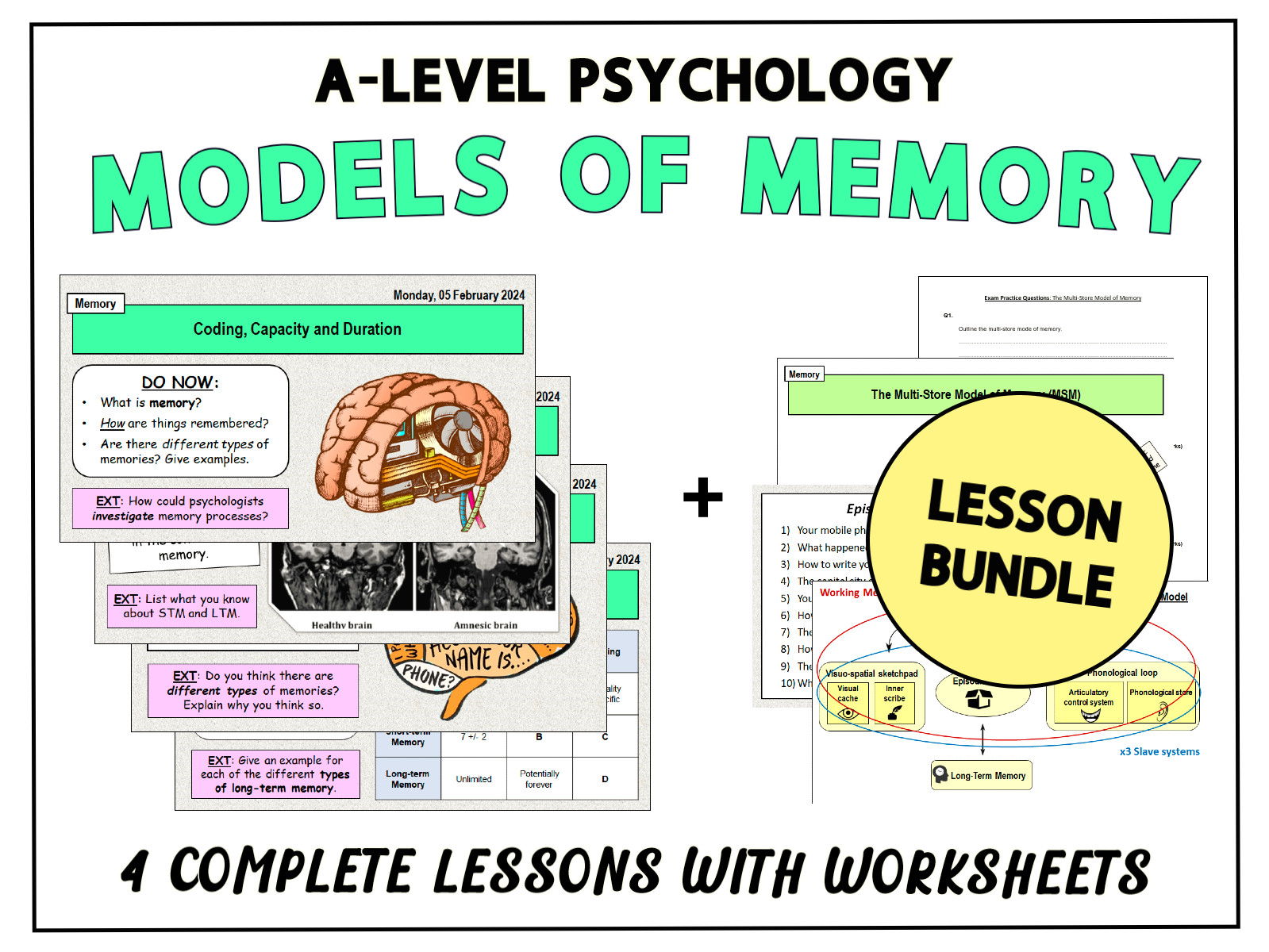 MODELS OF MEMORY LESSON BUNDLE [A-Level Psychology - Memory Topic ...