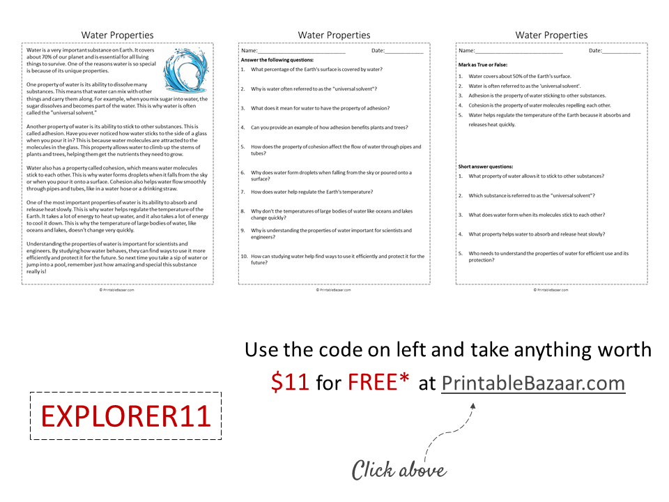 Water Properties Reading Comprehension Passage Printable Worksheet ...
