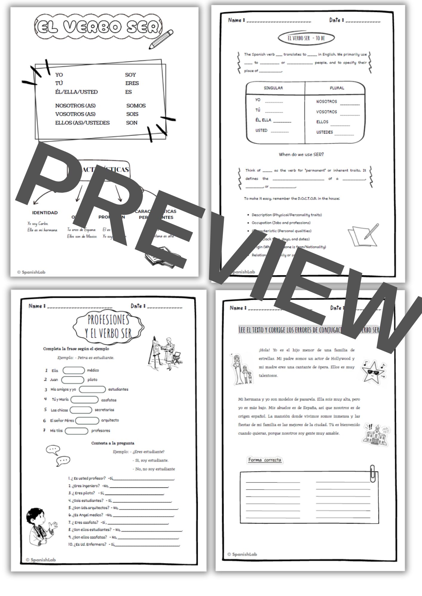 El Verbo SER Spanish Grammar Worksheets A1-A2 | Activities Spanish 1 -2 ...