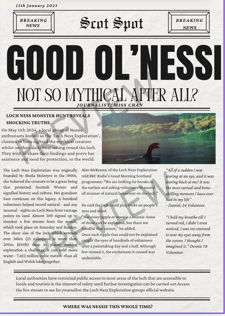 Scotland Topic Loch Ness Monster Newspaper Writing | Teaching Resources