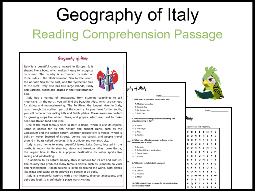 Geography of Italy Reading Comprehension and Word Search | Teaching ...