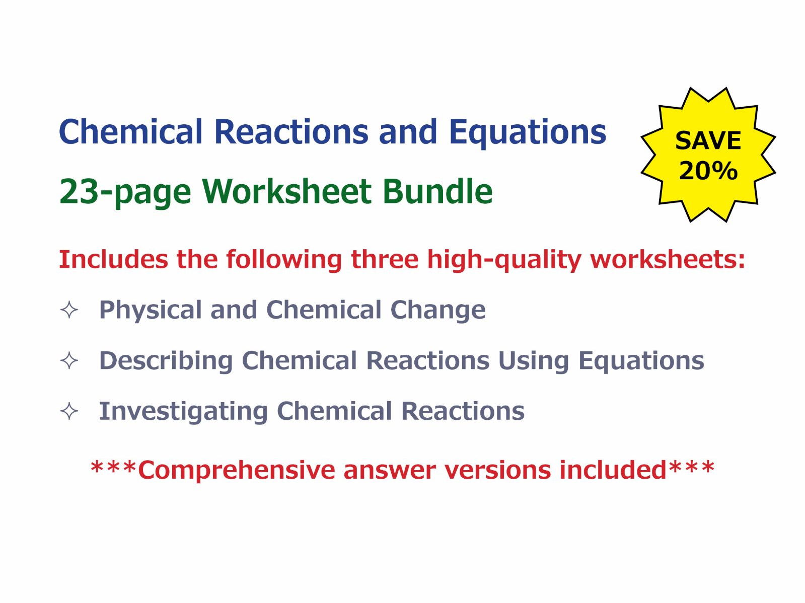 Chemical Reactions And Equations Worksheet Bundle Teaching Resources