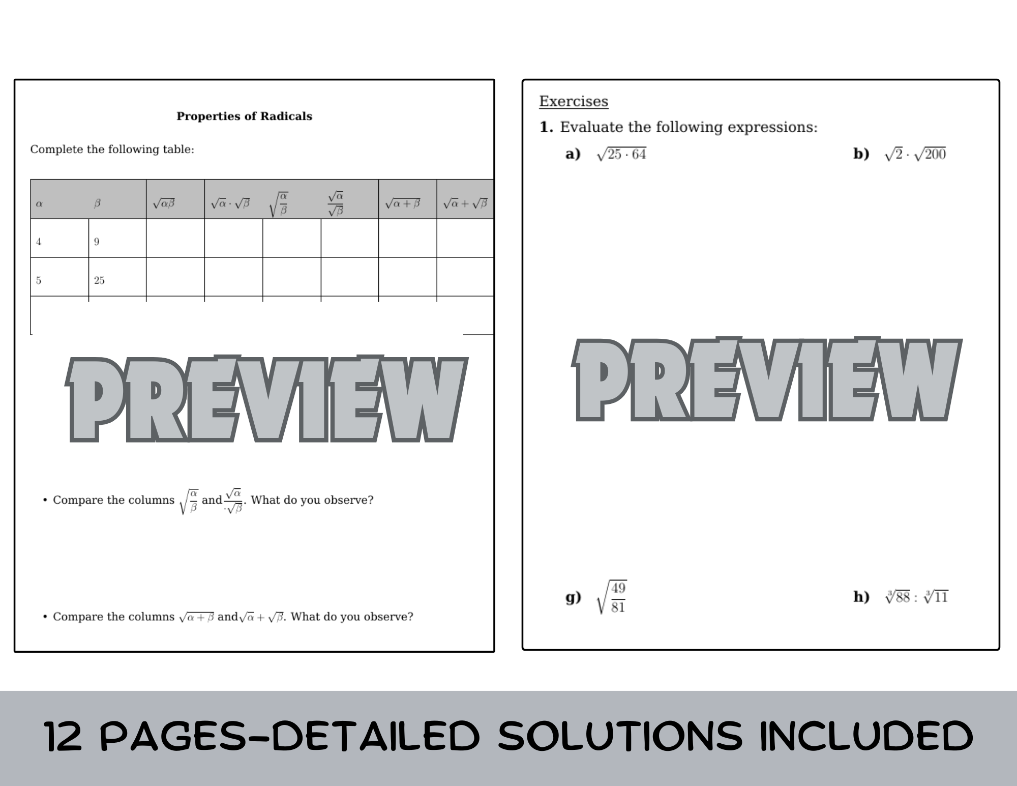 Properties of Radicals Lesson and Worksheet (with solutions) | Teaching ...