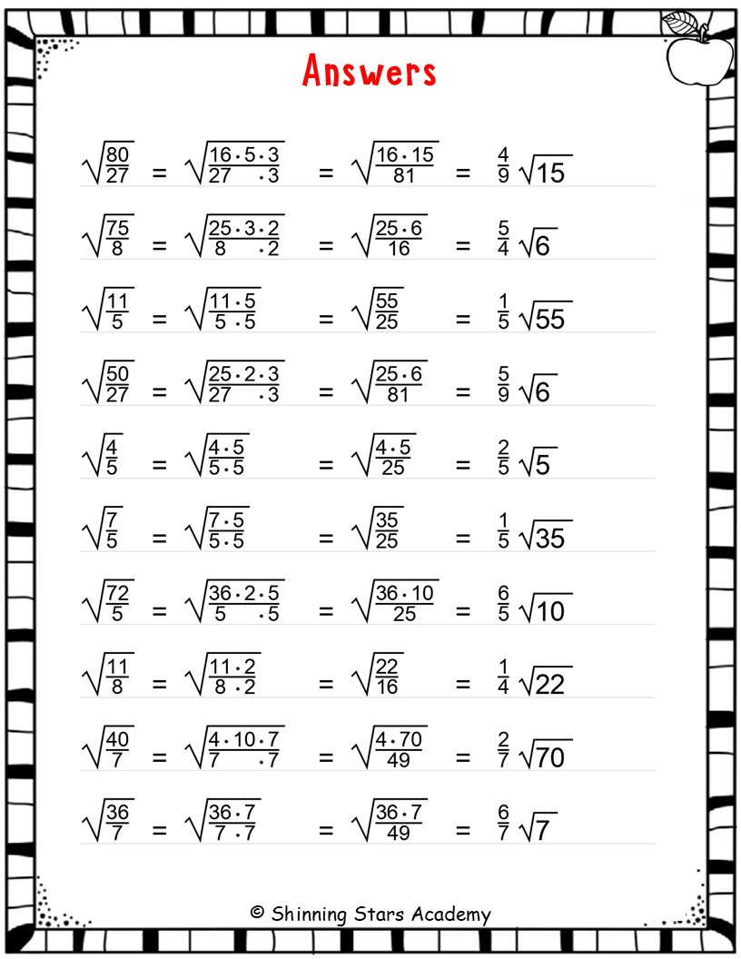 Simplifying Radicals (Radicands are Fractions) Worksheets | Algebra ...