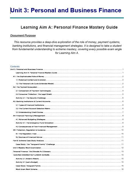 Personal Finance Revision Booklet | Distinction Study Guide Fits BTEC Level 3 Business Unit 3 ...
