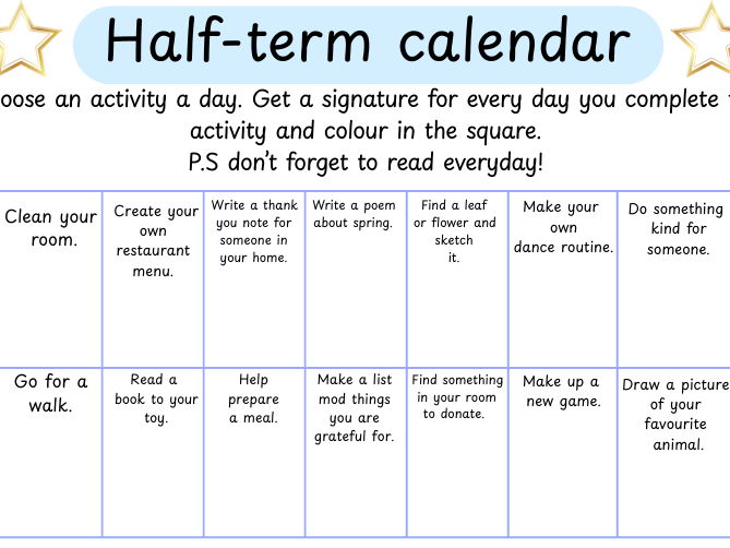 Half-term homework calendar | Teaching Resources