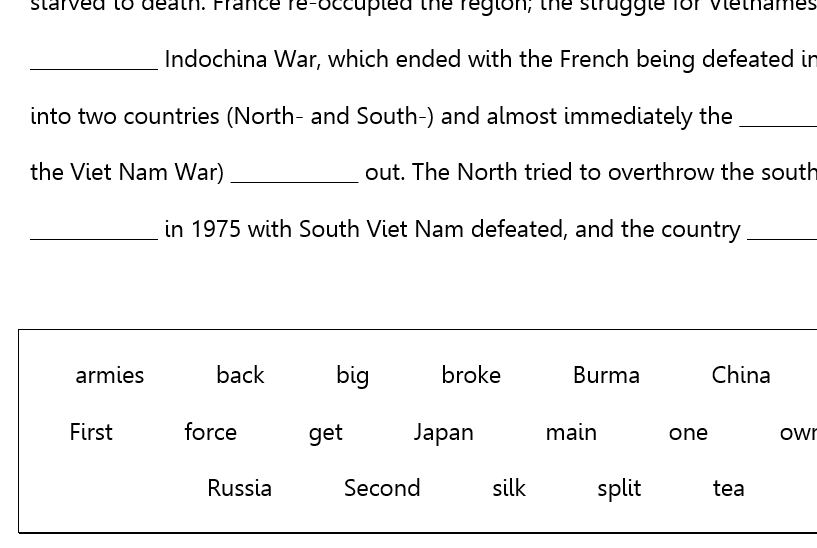 French Indochina: cloze sheets, differentiated x4. | Teaching Resources