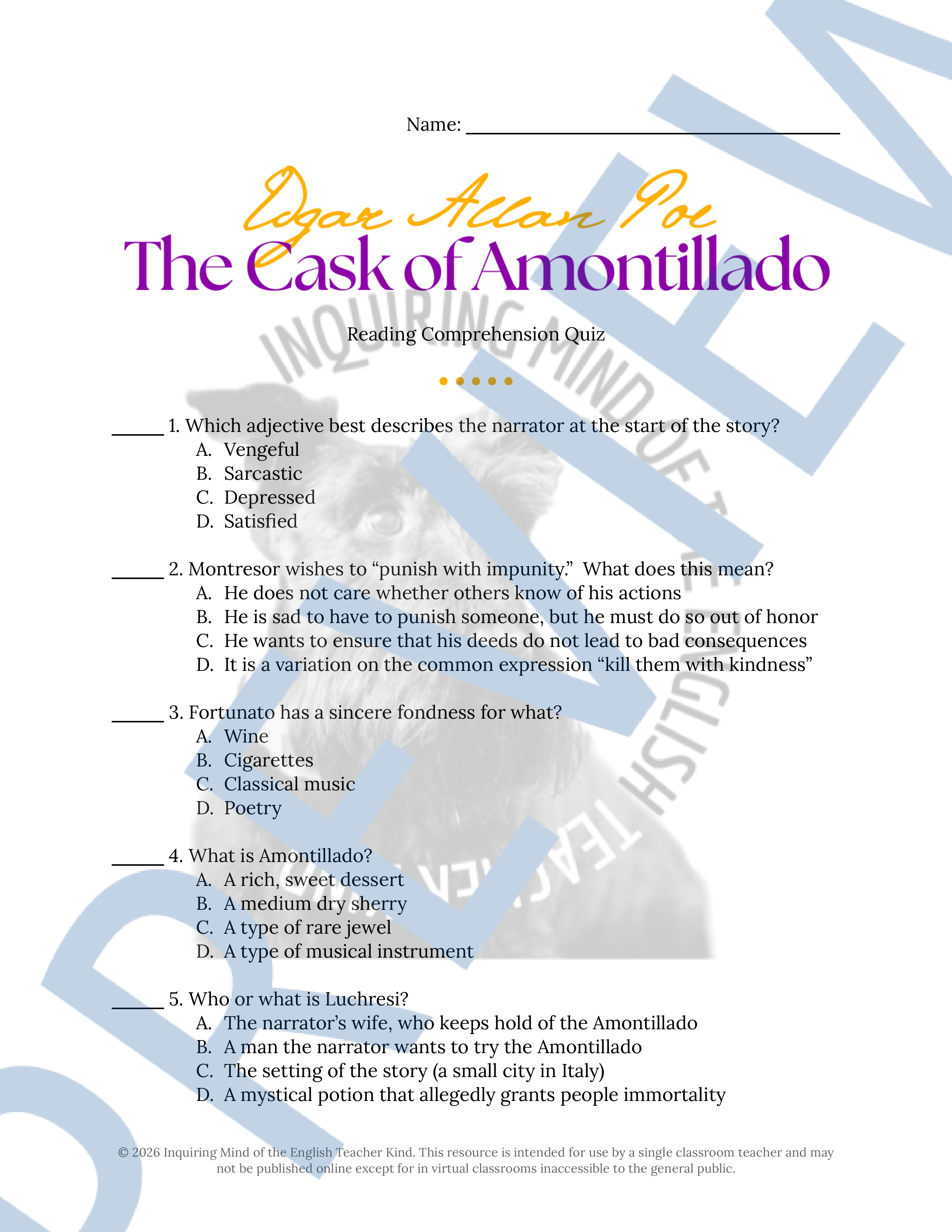 “The Cask of Amontillado” by Edgar Allan Poe Quiz and Answer Key ...