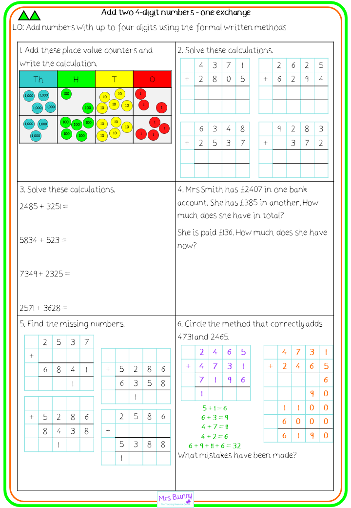 Add Two 4 digit Numbers One Exchange Worksheets Year 4 Addition And 
