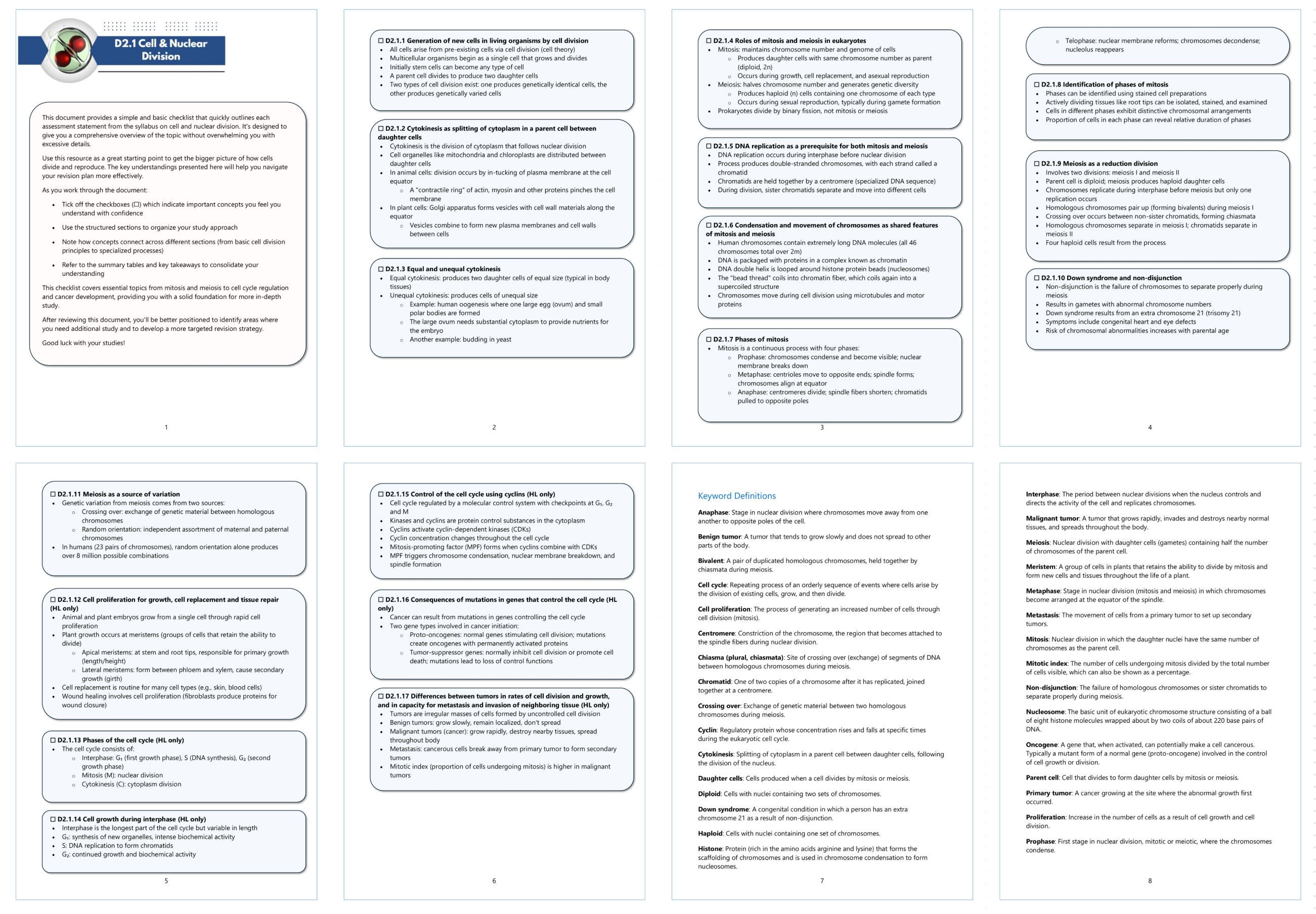 IB DP Biology D2.1 Cell and Nuclear Division - Condensed Topic Notes ...