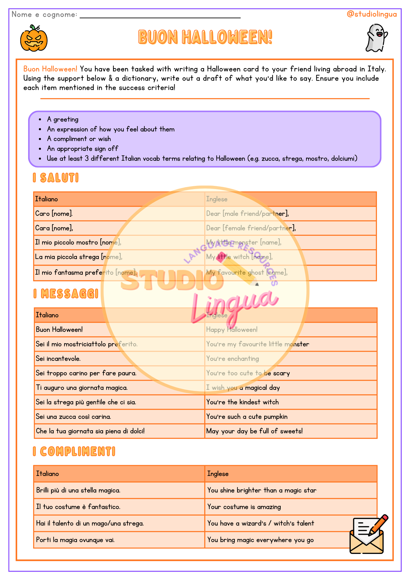 Italian Halloween Cards | Structured Writing Activity | Printable PDF ...