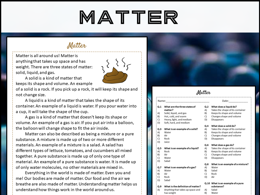 Matter Reading Comprehension Passage And Questions PDF Teaching 
