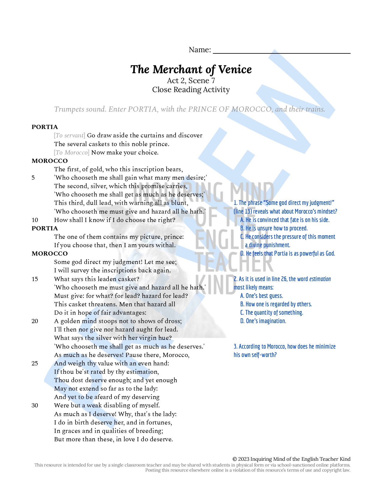 The Merchant of Venice Act 2 Scene 7 Close Reading Analysis Activity | Teaching Resources