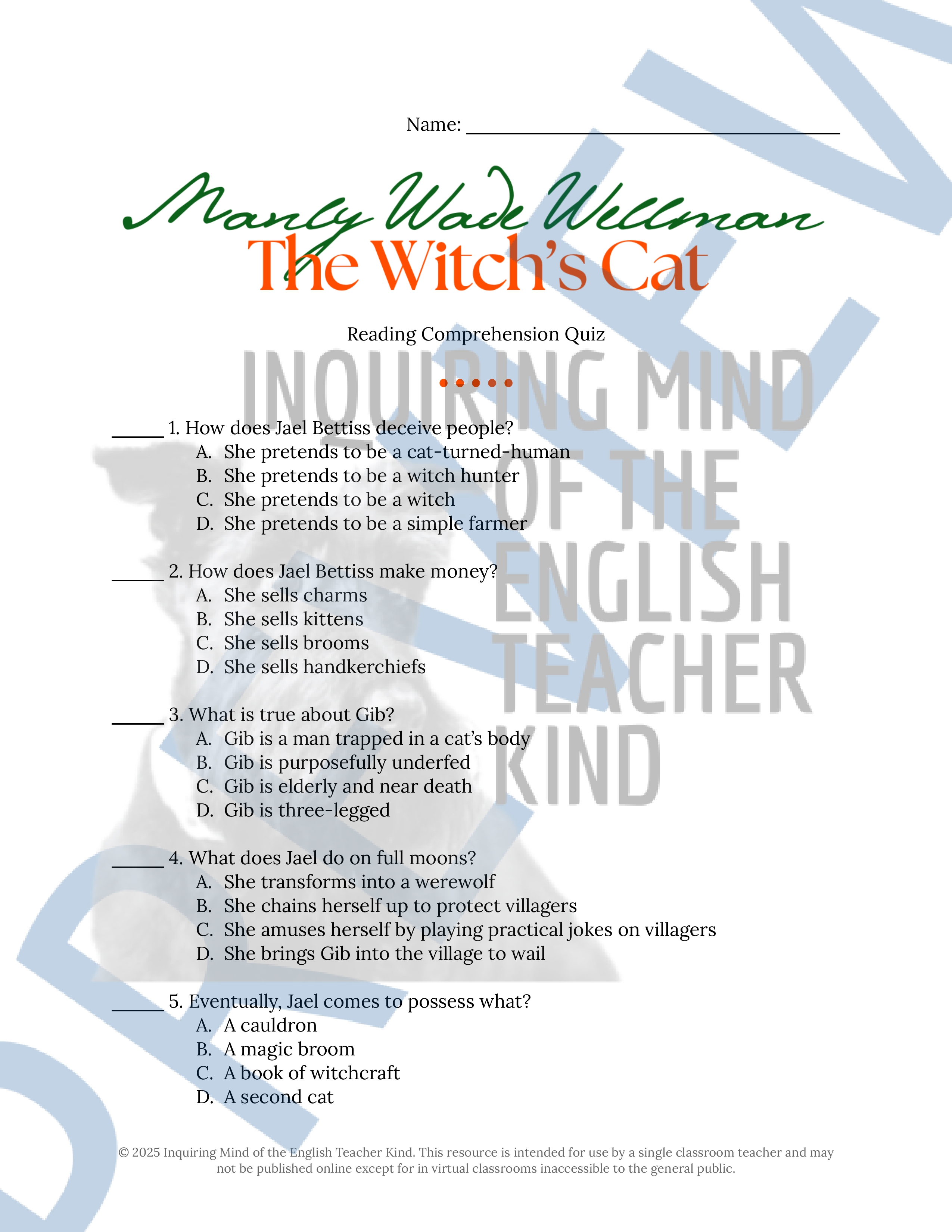 "The Witch's Cat" by Manly Wade Wellman Quiz and Answer Key (Halloween ...