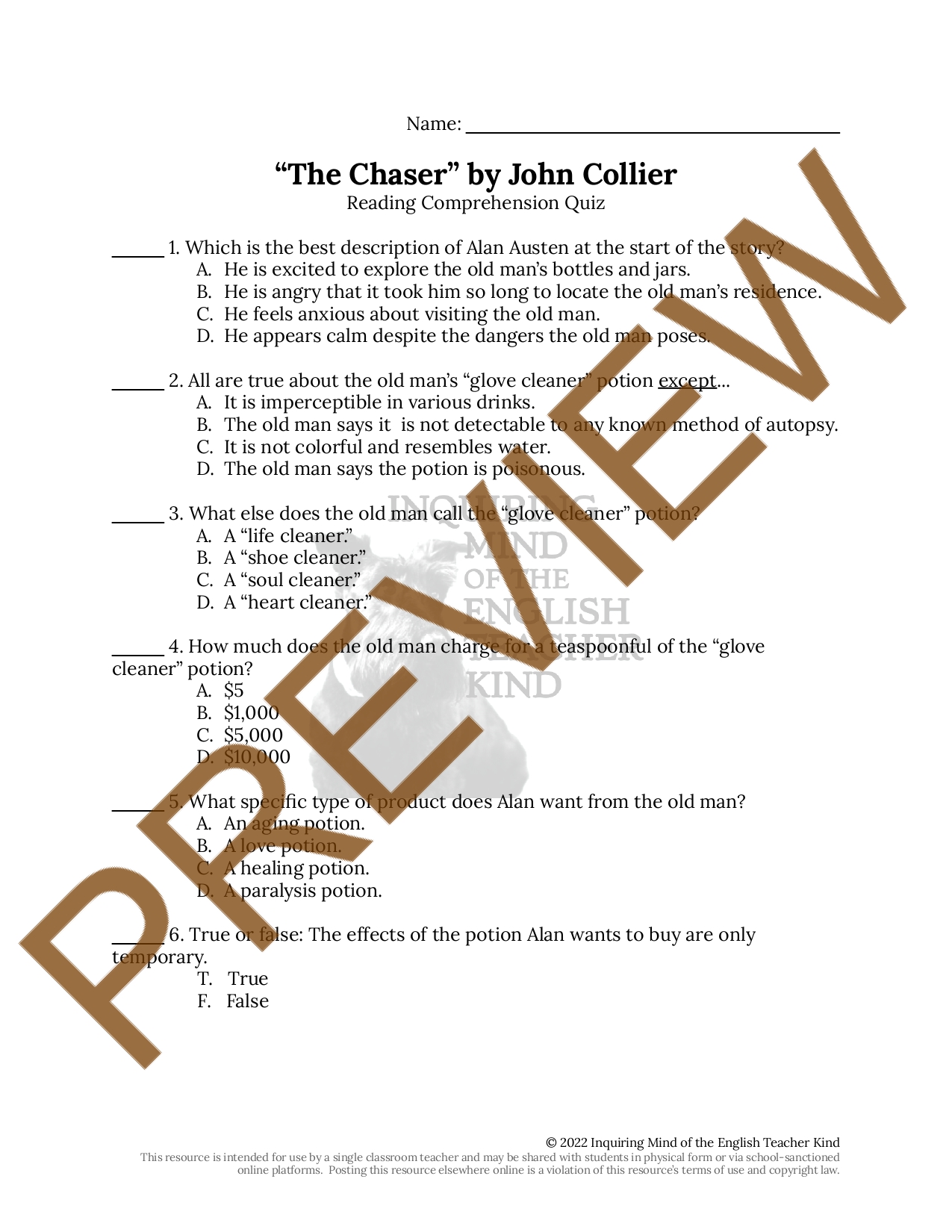 "The Chaser" by John Collier Quiz and Answer Key | Teaching Resources