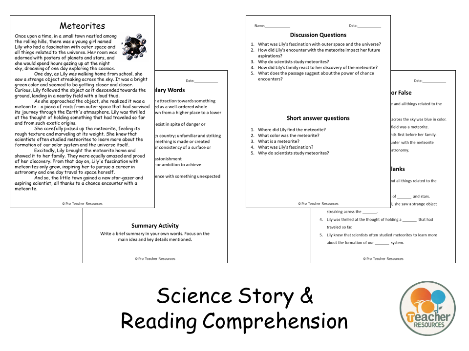 Meteorites Reading Science Story Comprehension Questions Worksheet ...