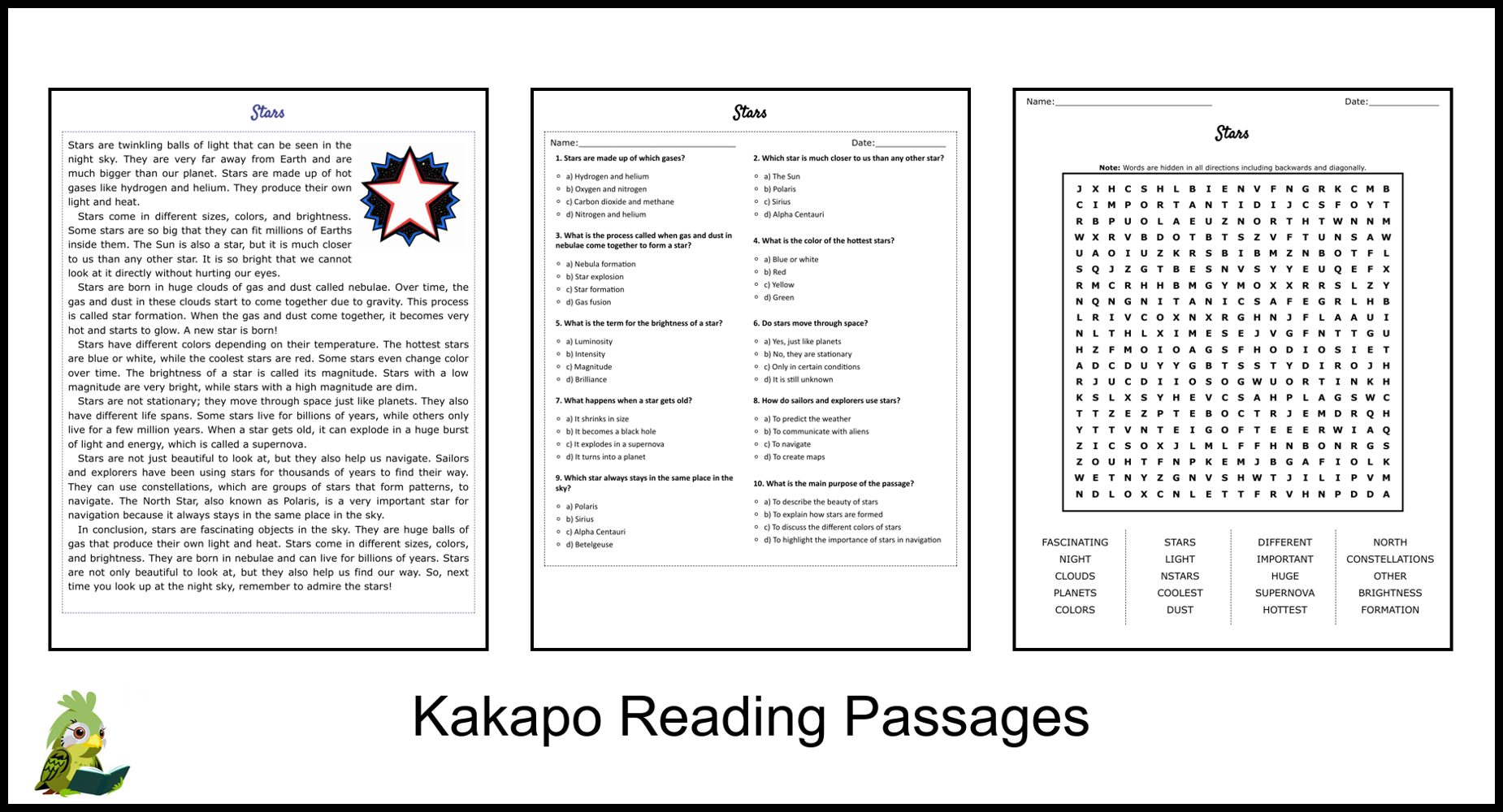 Stars Reading Comprehension and Word Search | Teaching Resources