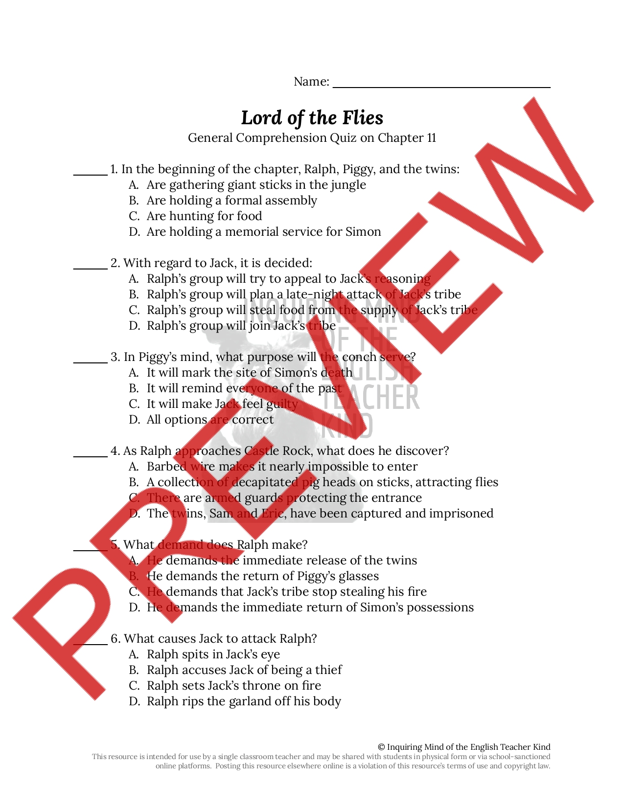 Lord of the Flies Chapter 11 Quiz and Answer Key | Teaching Resources