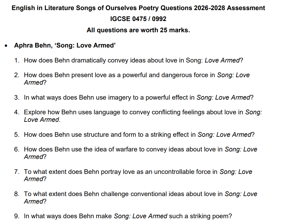 CIE IGCSE English in Literature 0992 Volume 1 Songs of Ourselves Poetry ...