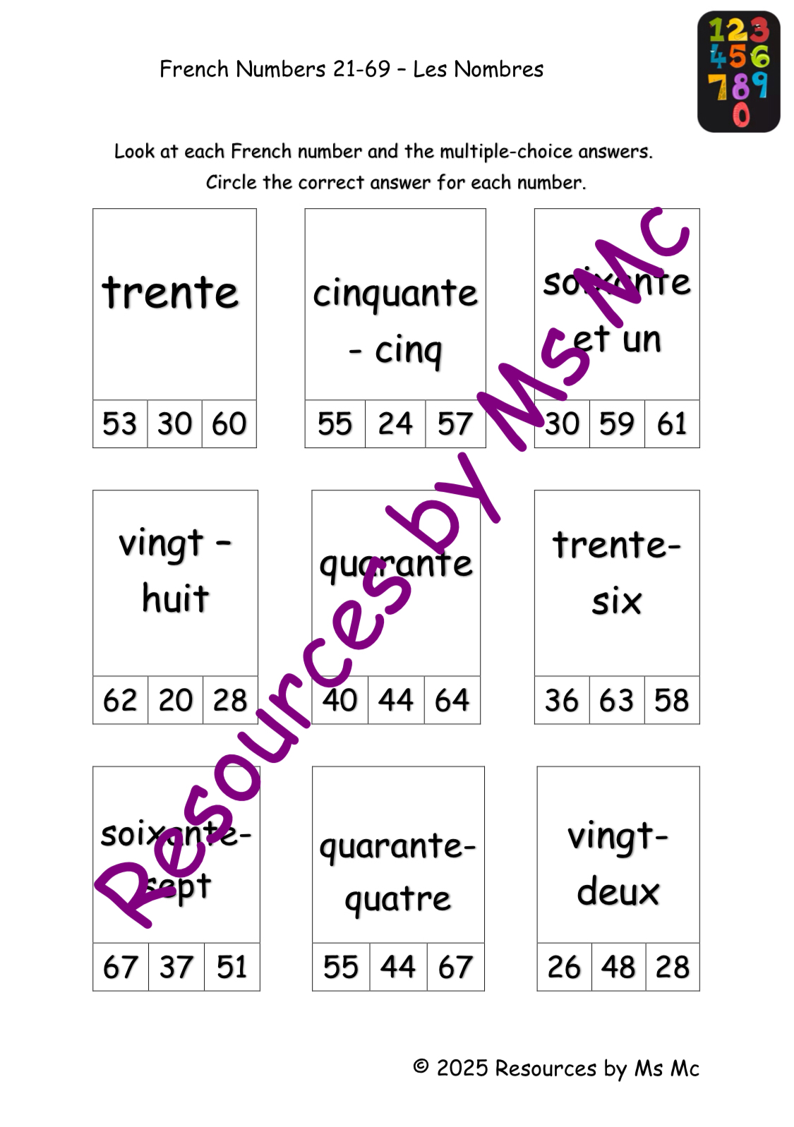 French numbers 21-69 - Les Nombres | Teaching Resources