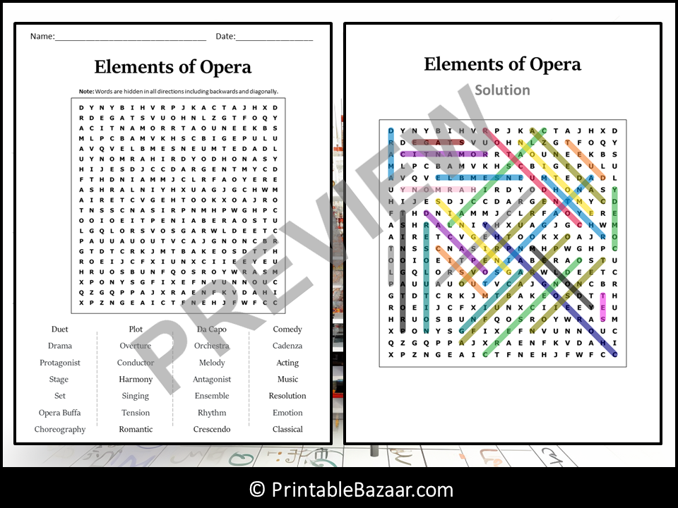 Elements of Opera Word Search Puzzle Worksheet Activity | Teaching ...