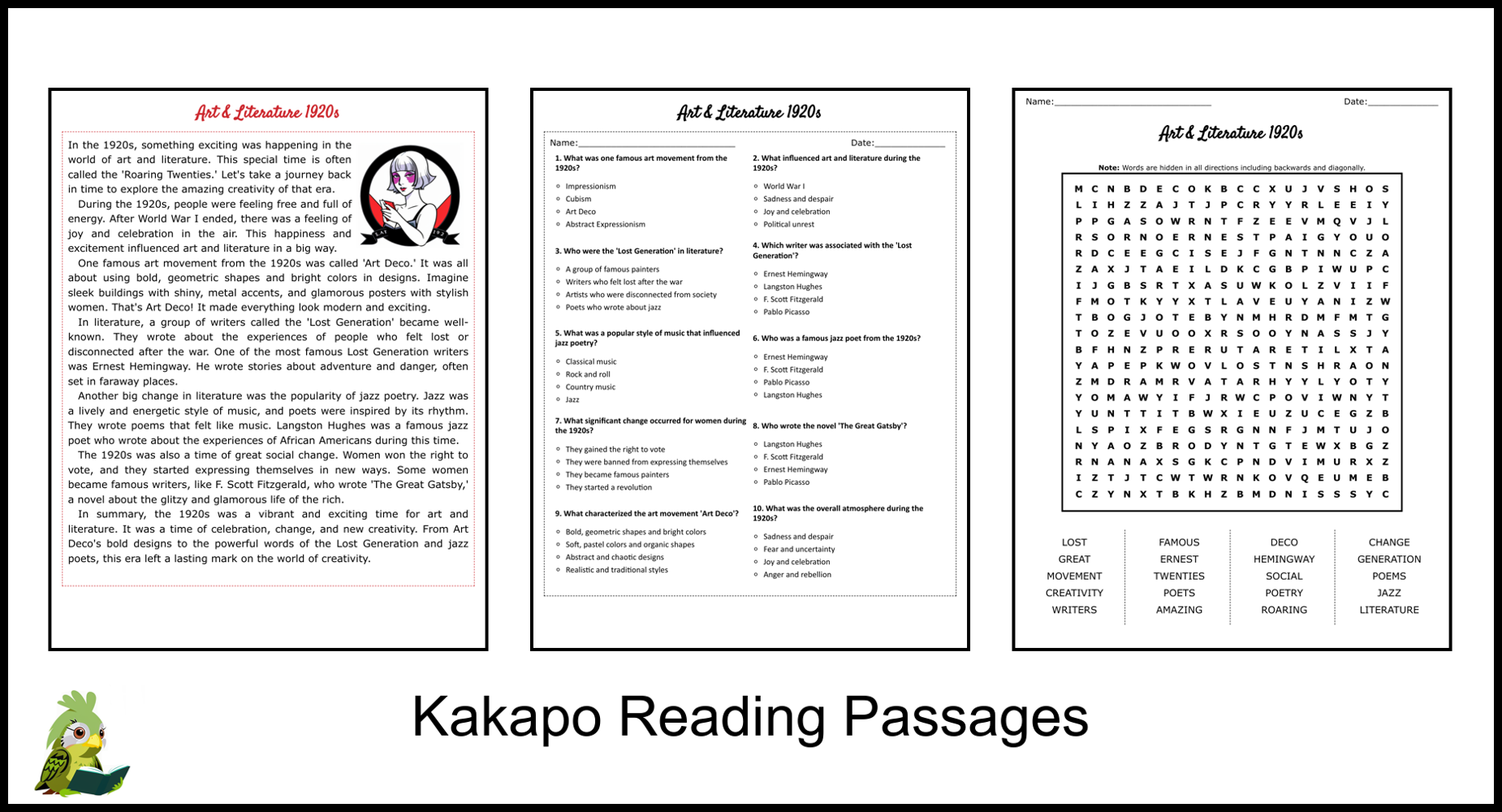 Art & Literature 1920s Reading Comprehension and Word Search | Teaching ...