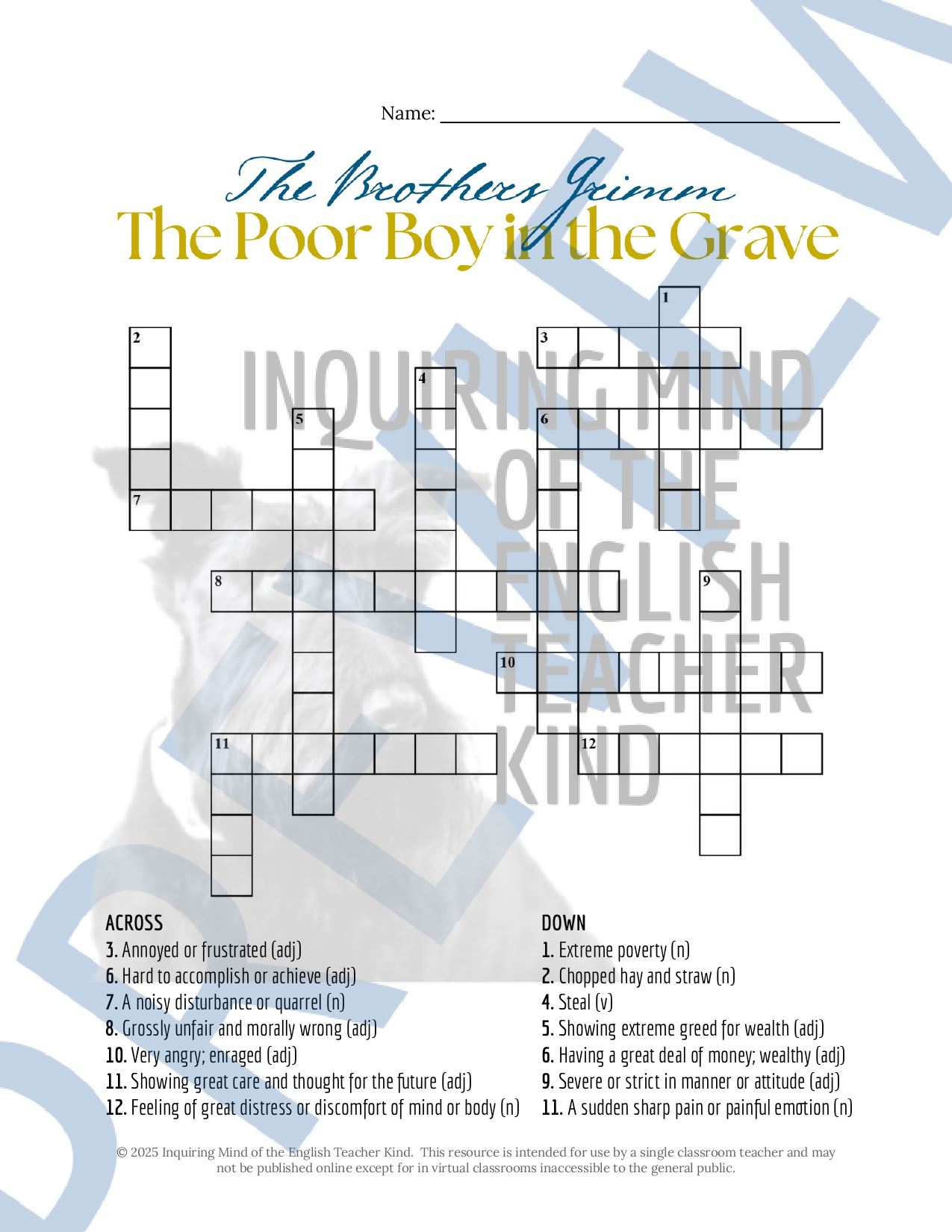 "The Poor Boy in the Grave" Vocabulary Games for High School (Grimm's ...