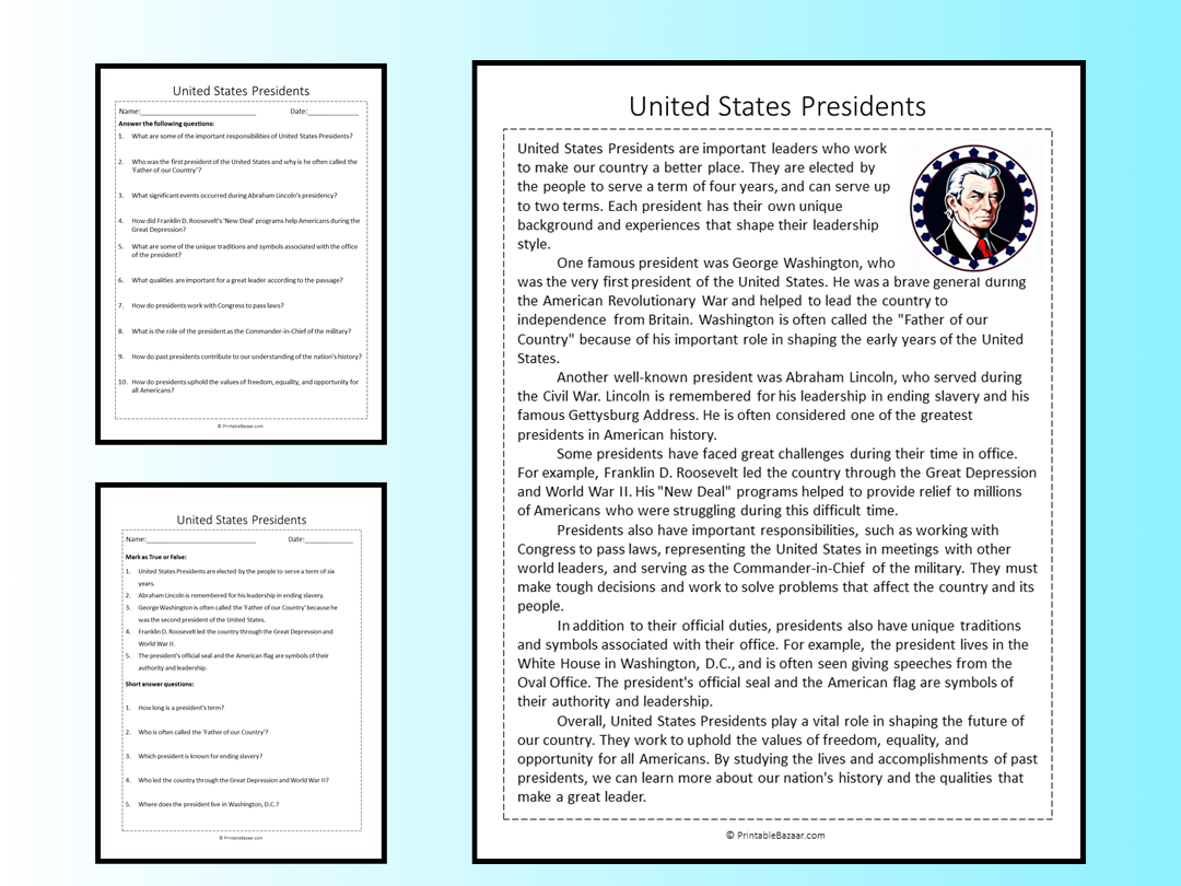 United States Presidents Reading Comprehension Passage Printable ...