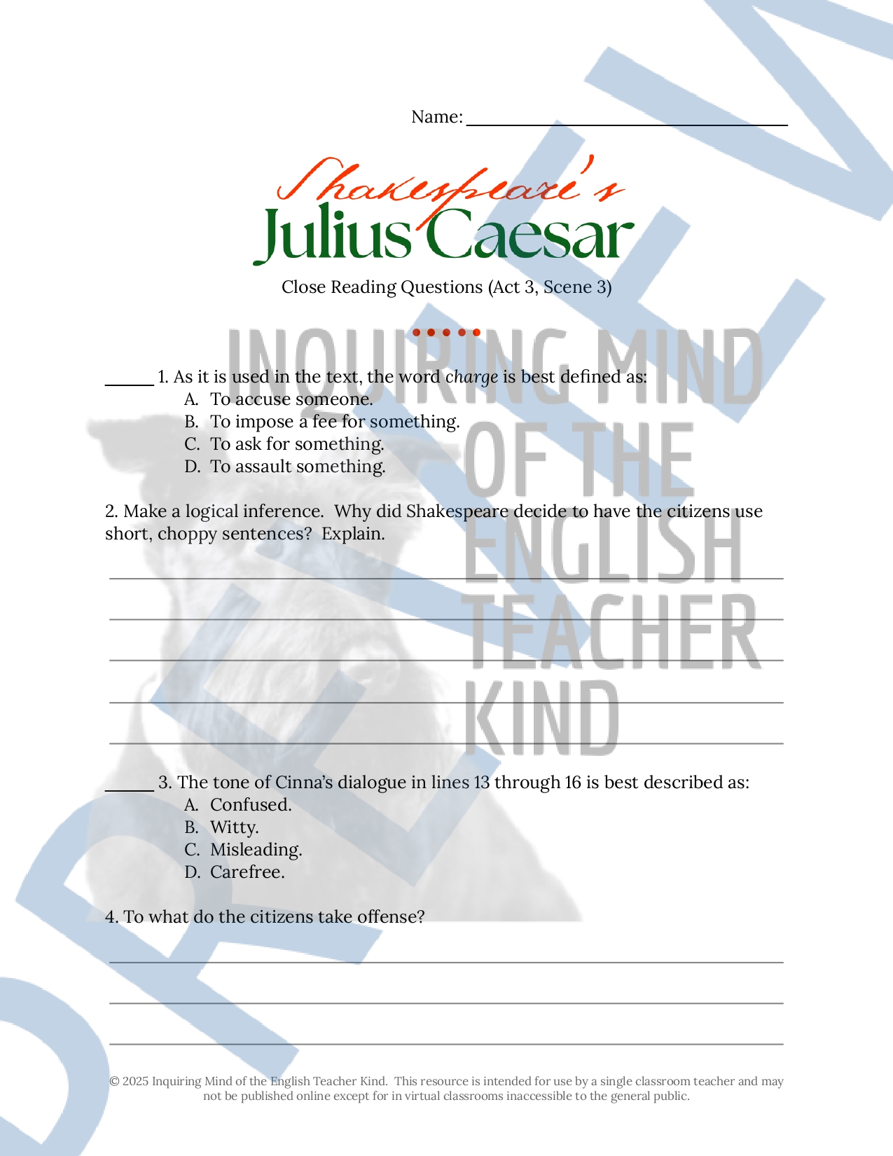 Julius Caesar Act 3 Scene 3 Close Reading Analysis Worksheet and Answer ...