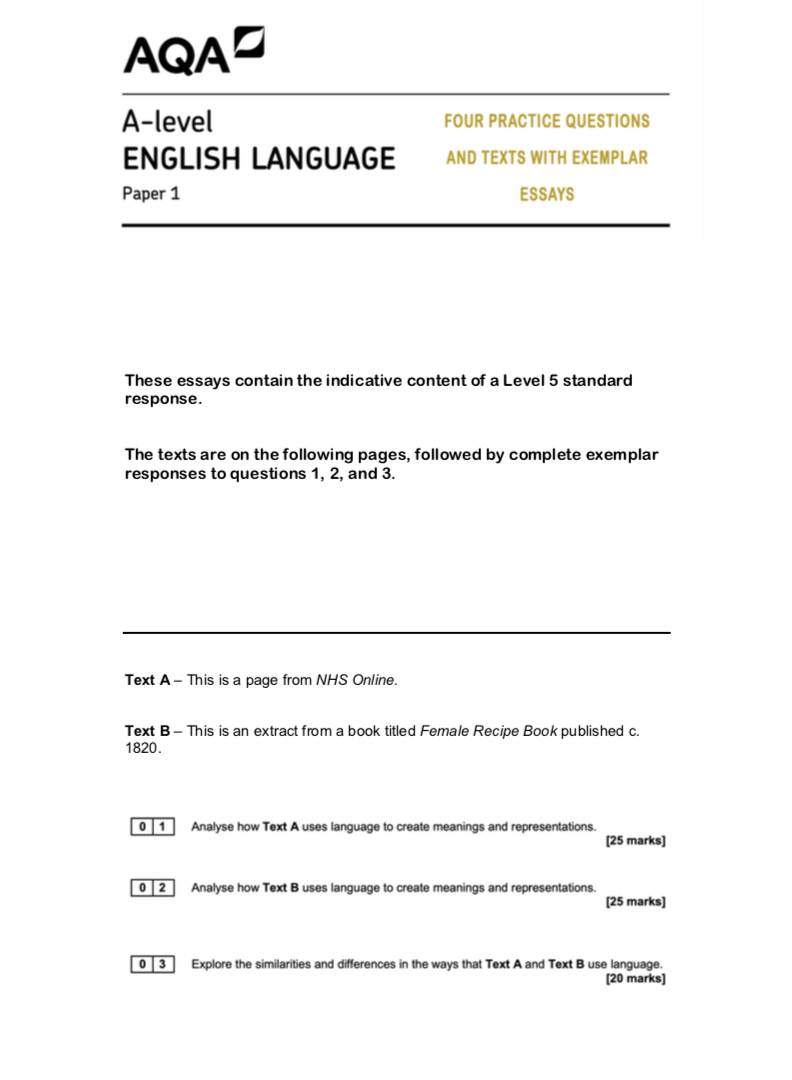 A Level English Language FOUR Practice Papers Paper 1 With L5 full A Level English Language FOUR Practice Papers Paper 1 With L5 full