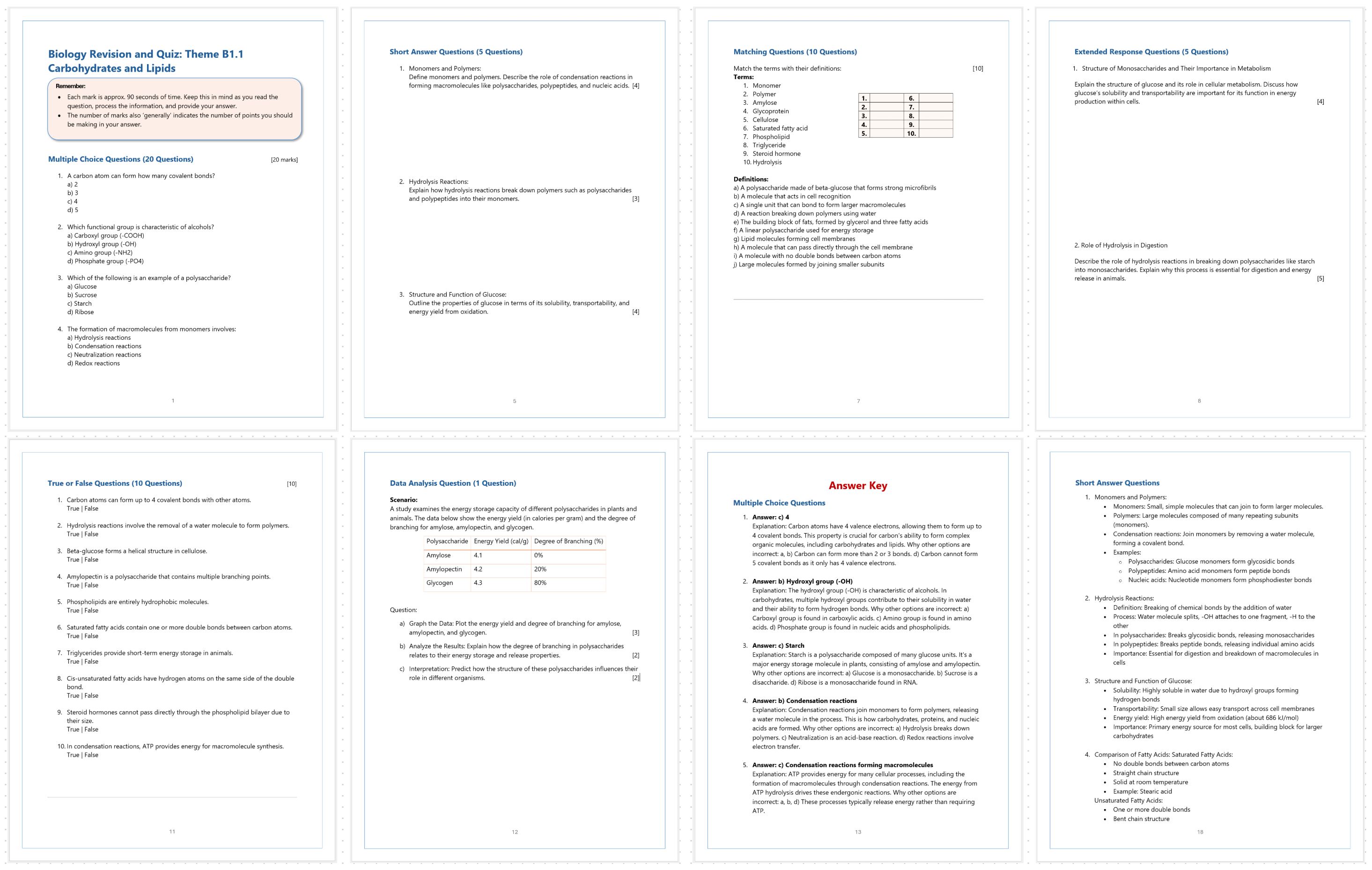 IB DP Biology B1.1 Carbohydrates and Lipids Quiz and Revision ...