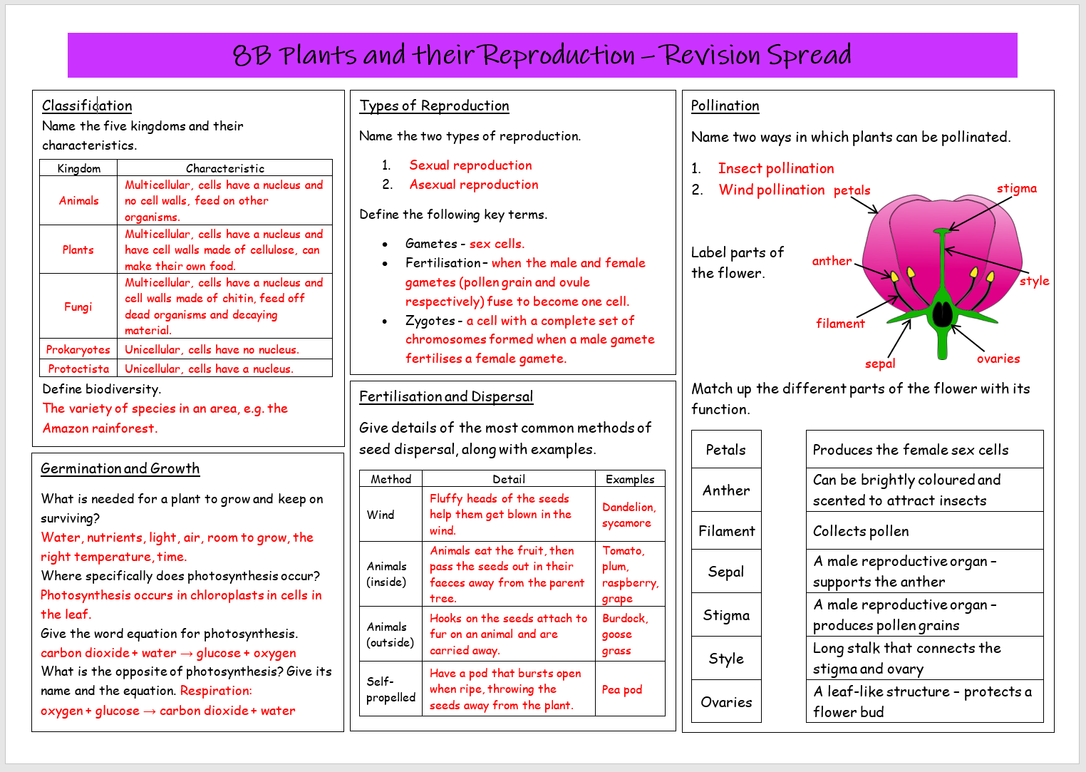 Plants and their Reproduction Revision Spread | Teaching Resources