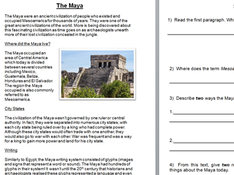 The Maya KS2 Comprehension Starter | Teaching Resources