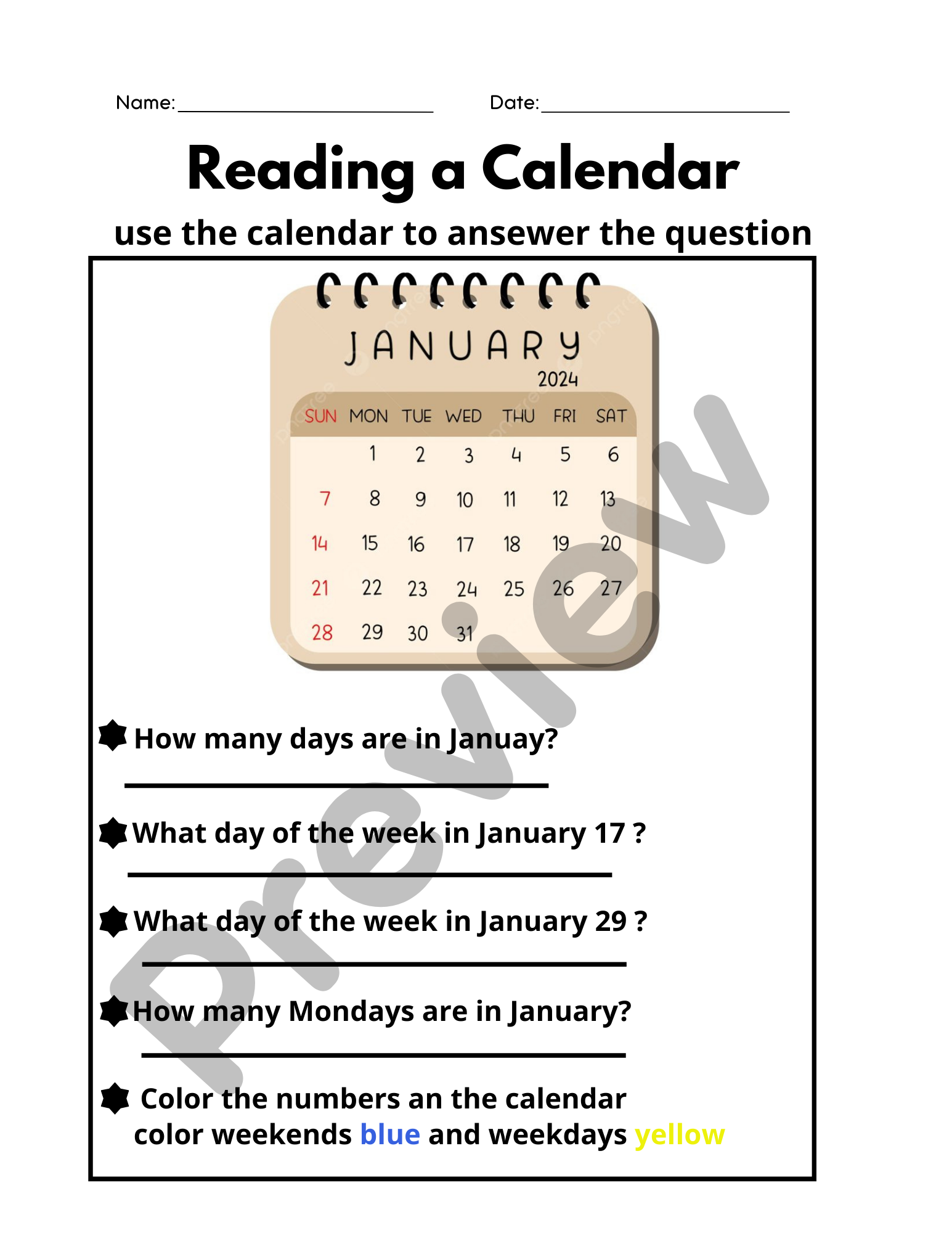 Reading a Calendar Worksheet | Days, Weeks, Months | Teaching Resources