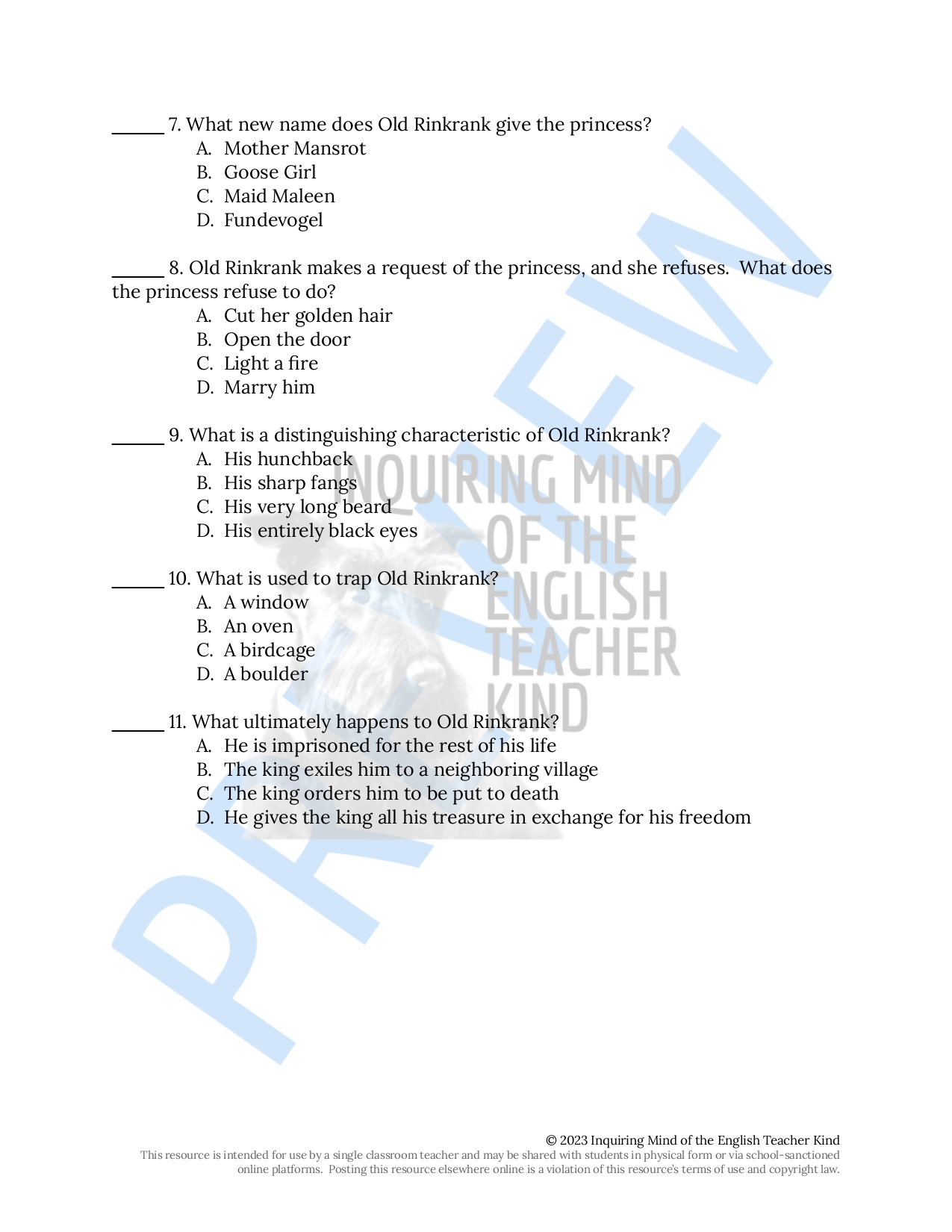 "Old Rinkrank" by the Brothers Grimm Quiz and Answer Key | Teaching ...