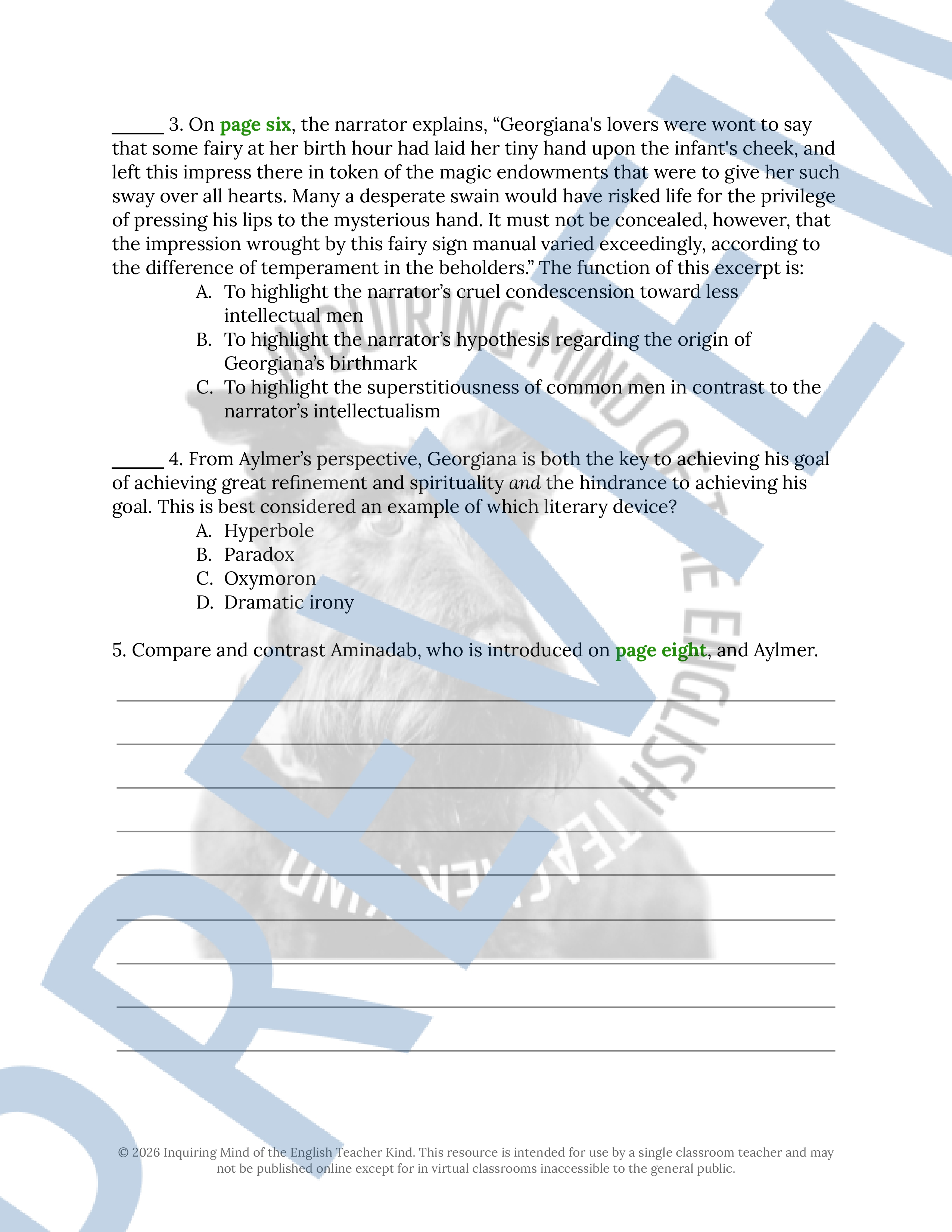 "The Birthmark" by Nathaniel Hawthorne Close Reading Analysis Worksheet ...