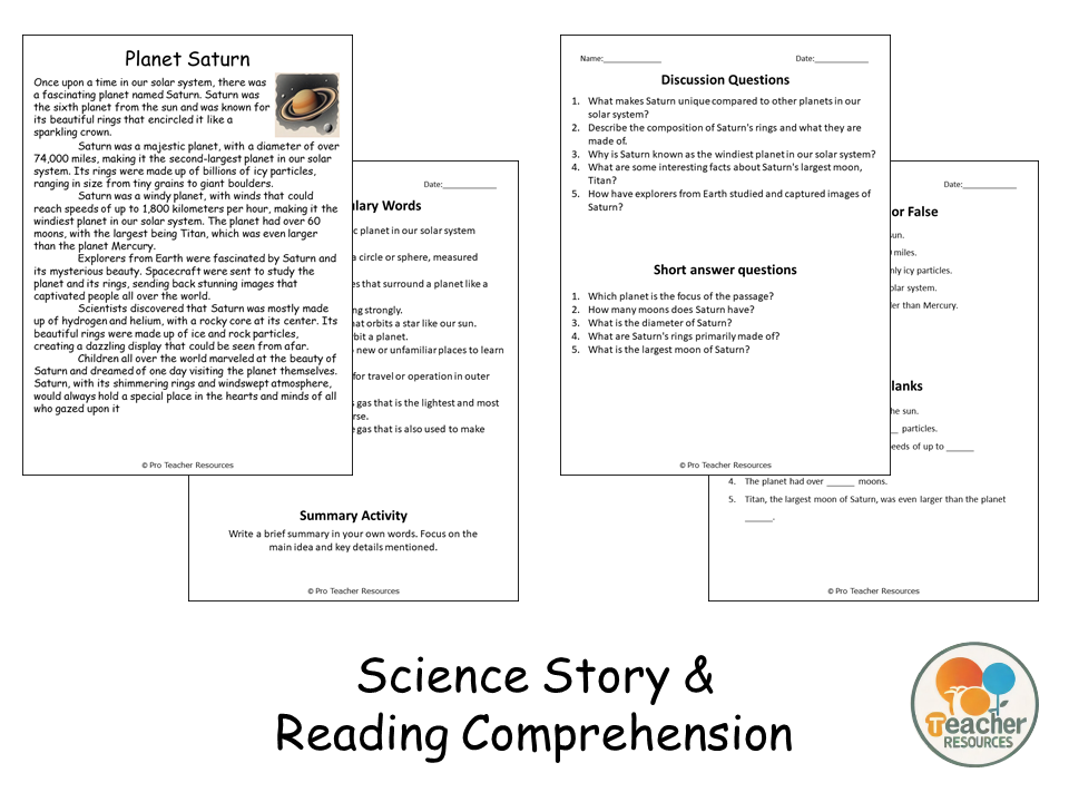 Planet Saturn Reading Science Story Comprehension Questions Worksheet ...